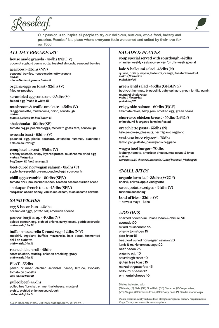 Cafe Menu – Roseleaf Bakery & Cafe