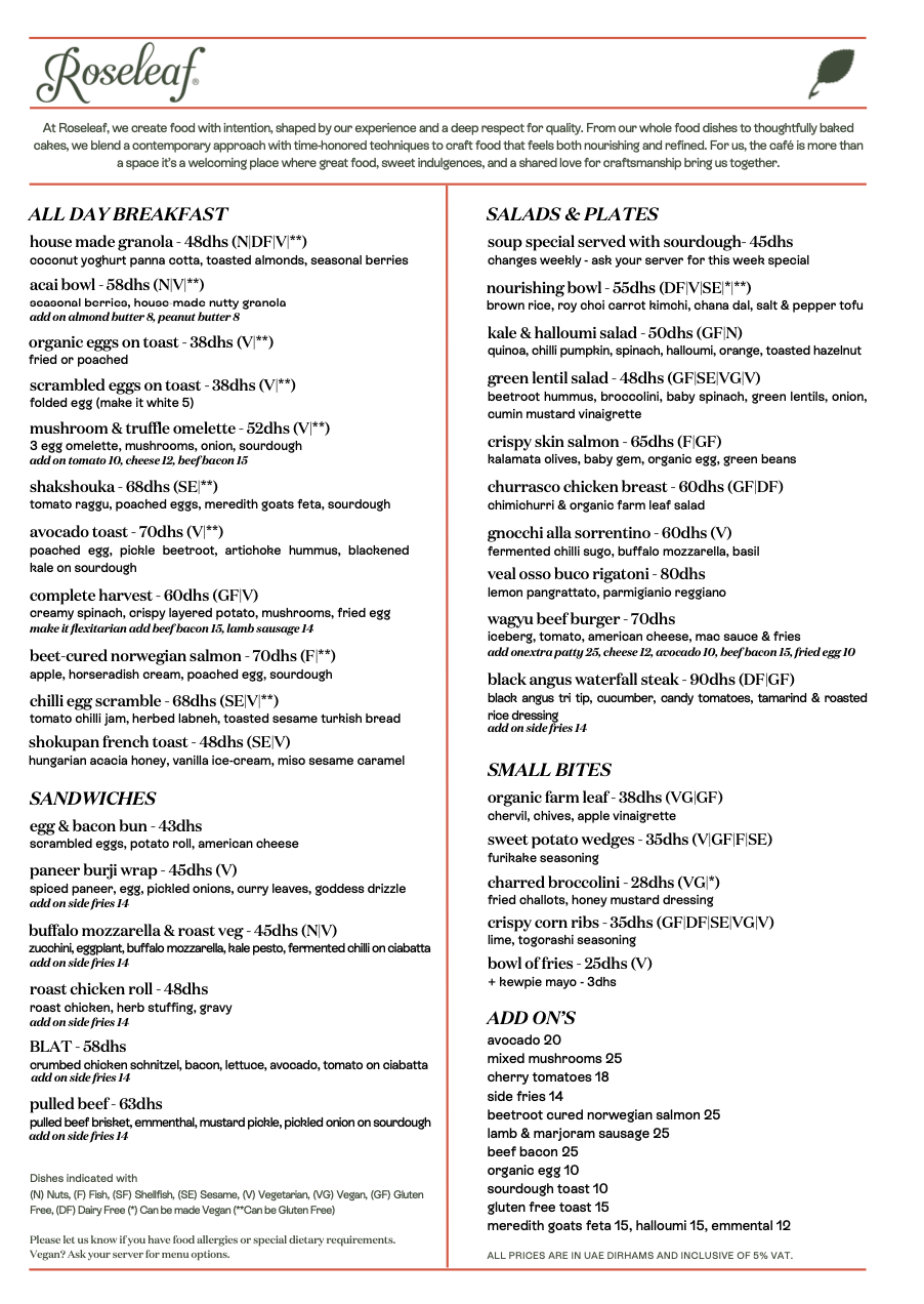 Cafe Menu – Roseleaf Bakery & Cafe