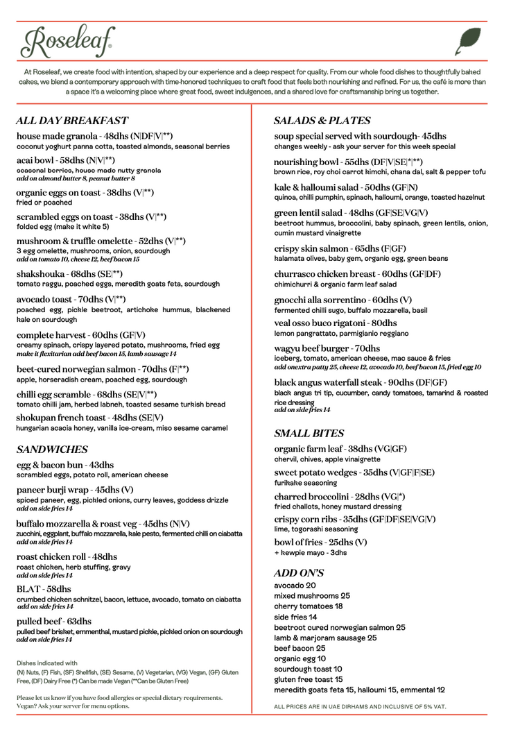 Cafe Menu – Roseleaf Bakery & Cafe