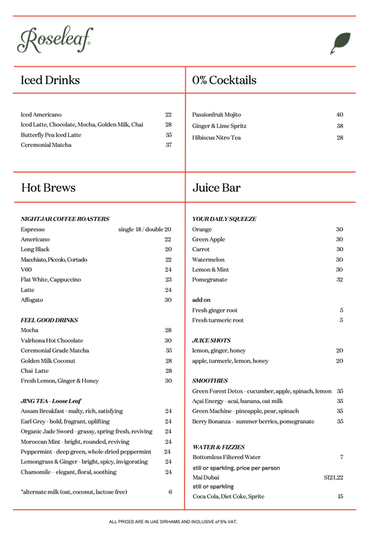 Cafe Menu – Roseleaf Bakery & Cafe